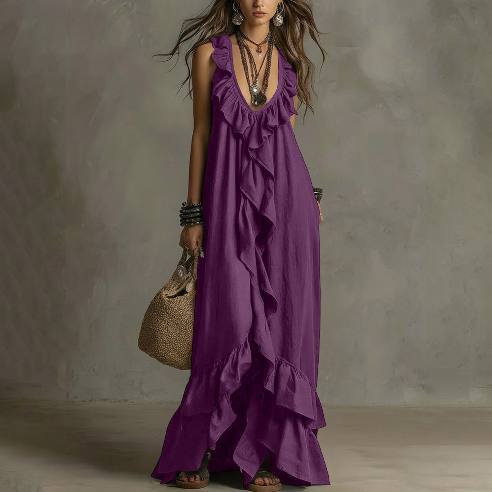 BRGZLK Womens Tank Dresses 2026 Summer Vacation Solid Color Ruffle Trim ...