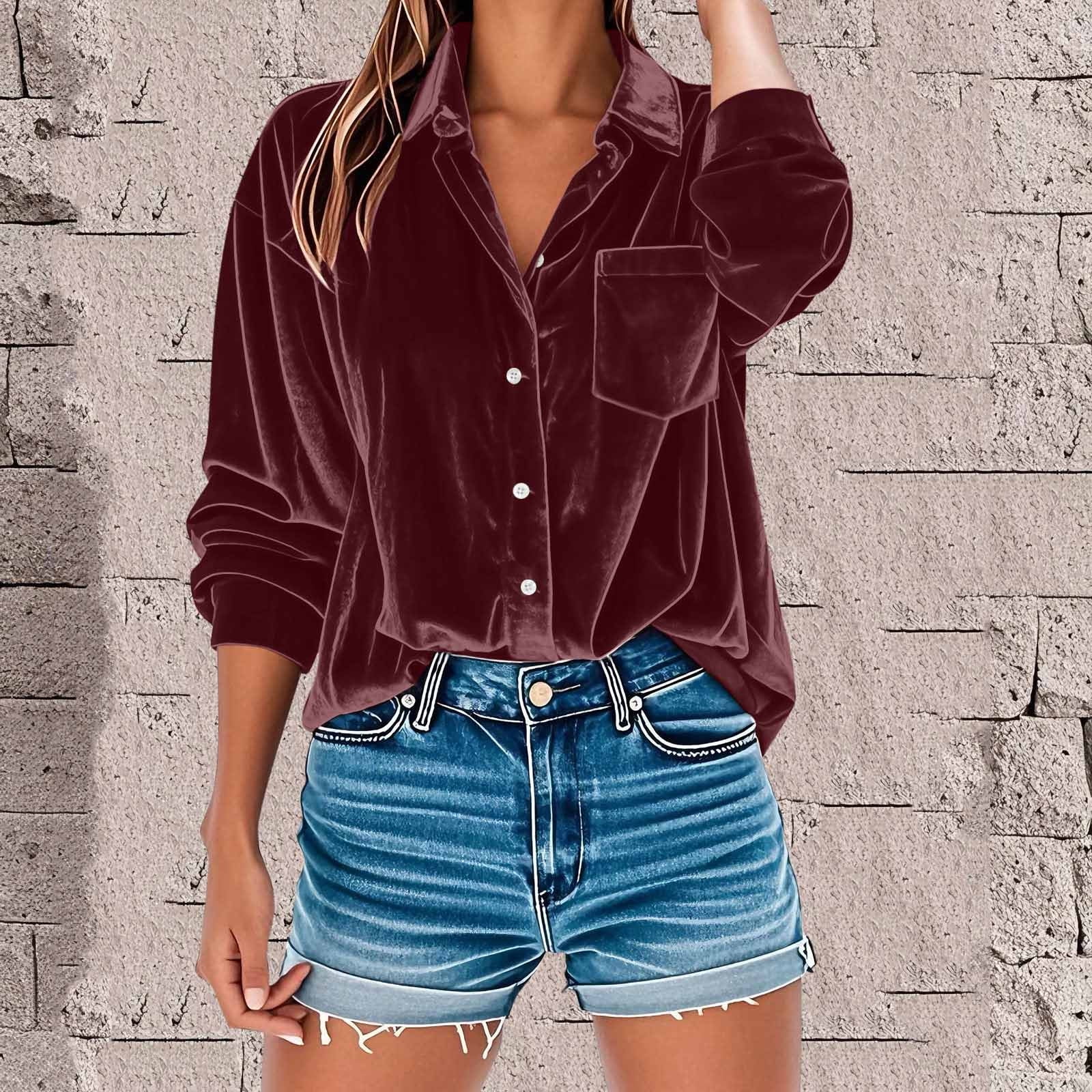 BRGZLK Womens Velvet Button Down Shirt Casual V Neck Long Sleeve ...