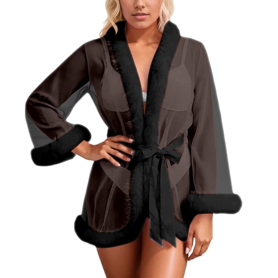 BRICH Fur Feather Robe for Women Sheer Long Sleeve Kimono Robe ...