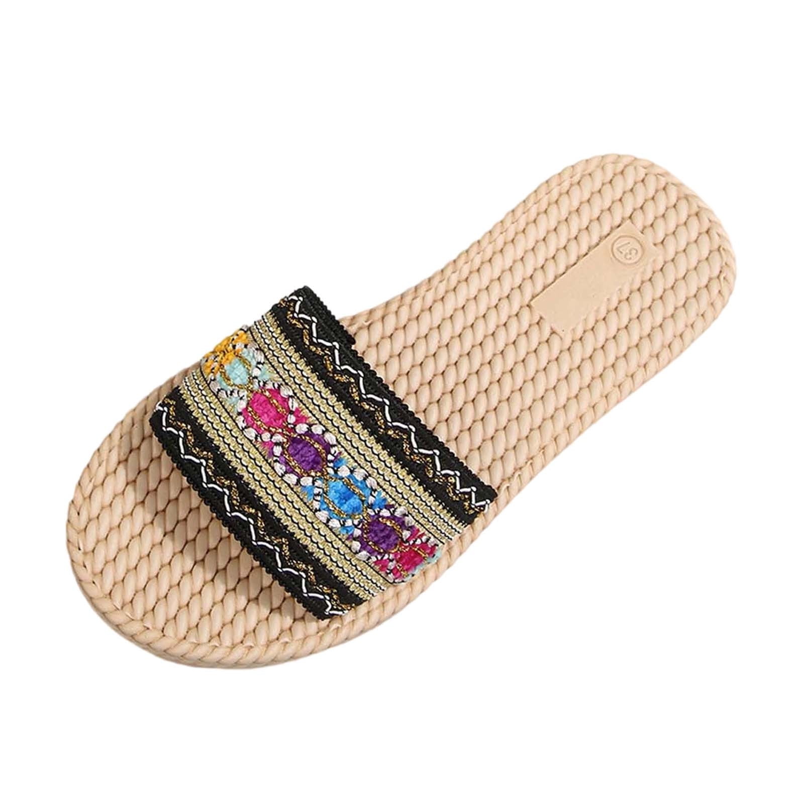 BRICH Women's Boho Style Embroidered Flat Sandals Slide Sandals Fashion ...