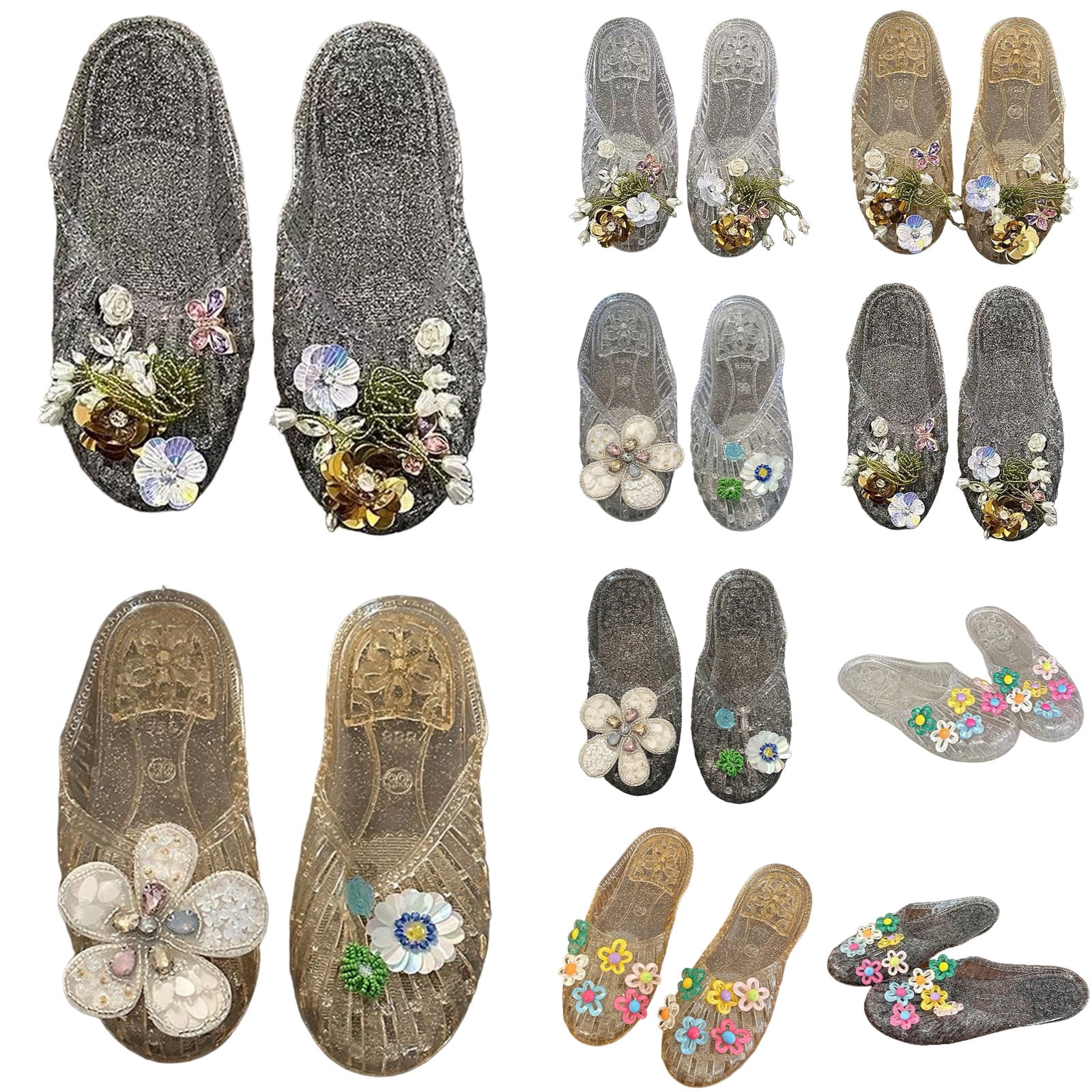 BRICH Women's Sparkly Jelly Water Shoes Crystal Flower Decorated ...