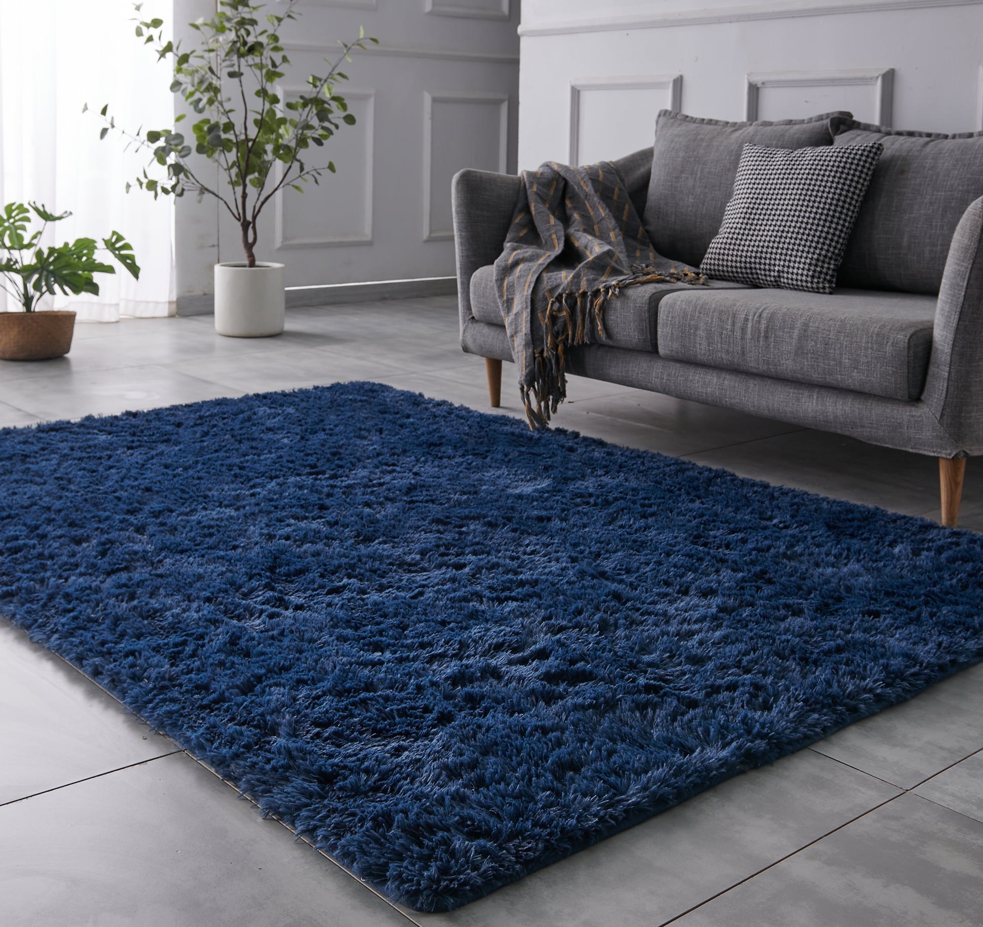 BRICHOEE Navy Blue Shag Area Rug, 5x7 Ft Anti-Skid Indoor Modern Rug ...