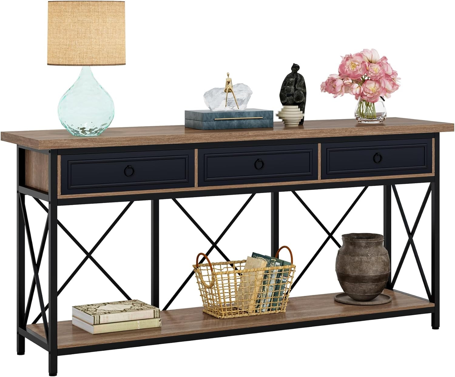 BRIGHTFAR 70.8" Console Table with 3 Drawers, Farmhouse Entryway Table ...
