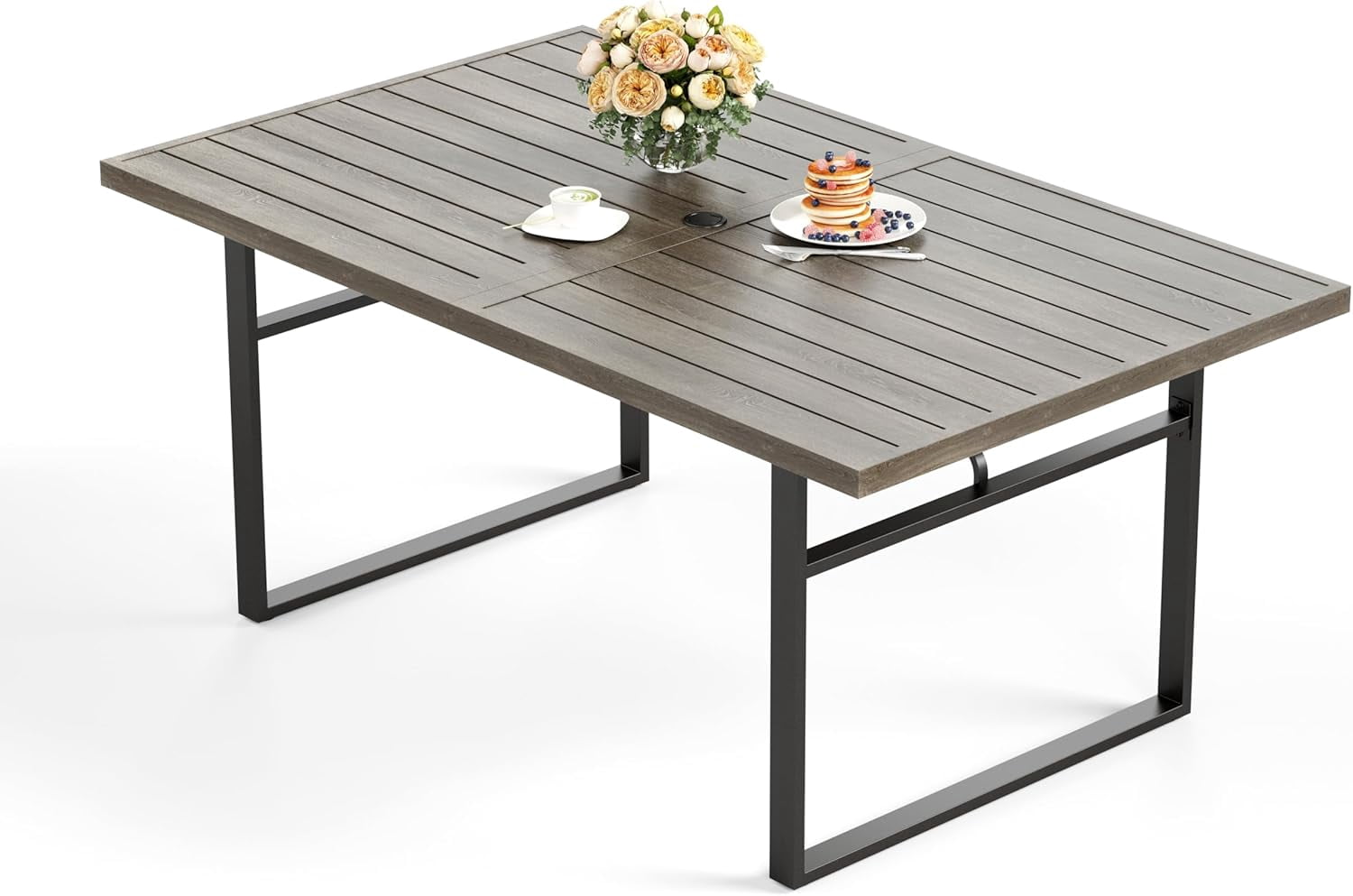 BRIGHTFAR Patio Table with Umbrella Hole for 6, Extra Large Rectangle ...