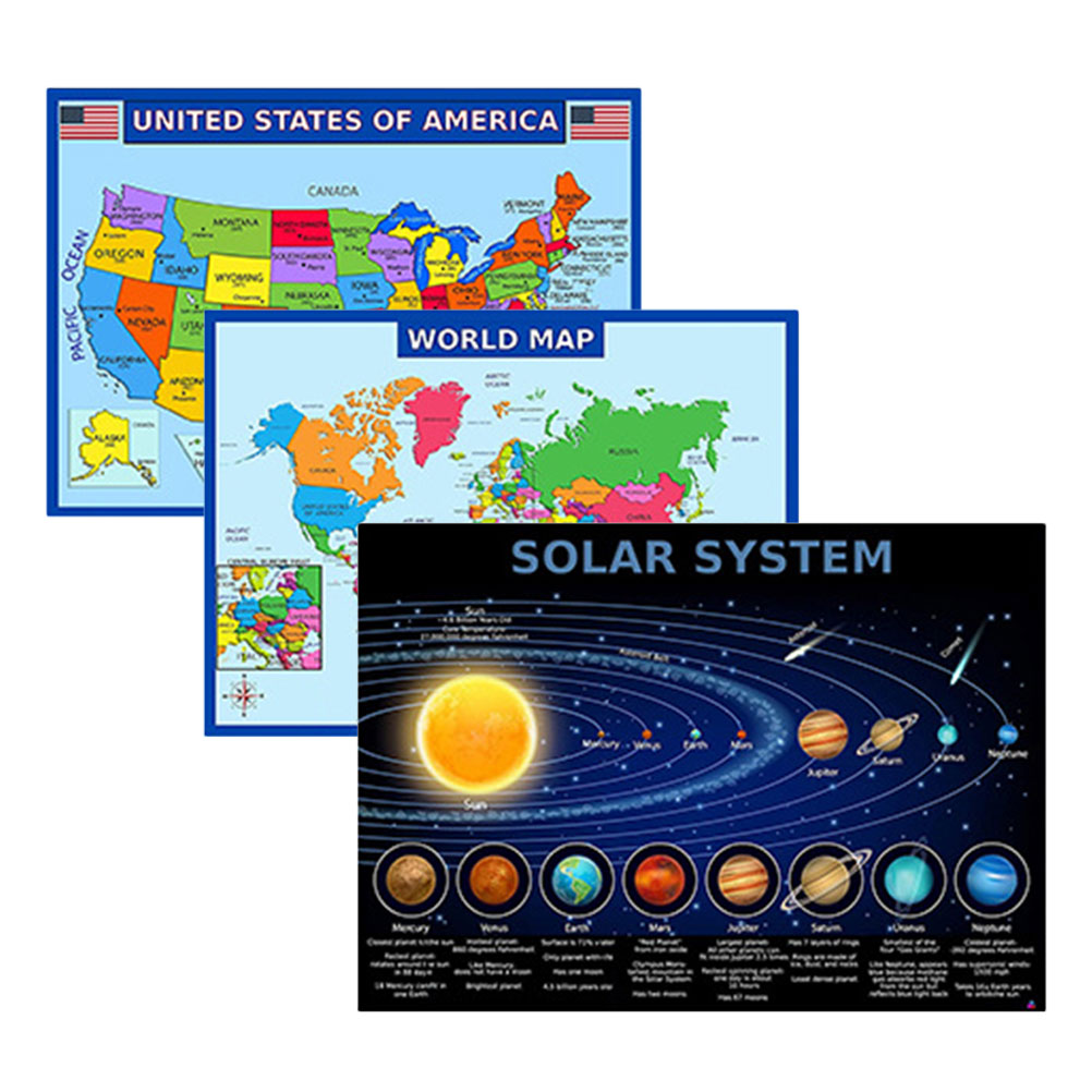 BRIGHTFUFU 3Pcs World and Solar System Maps for Teachers Moon Phase ...