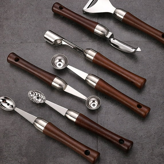 BRIGHTFUFU Stainless Steel Fruit Scoop with Coffee Wood Handle, Smooth ...
