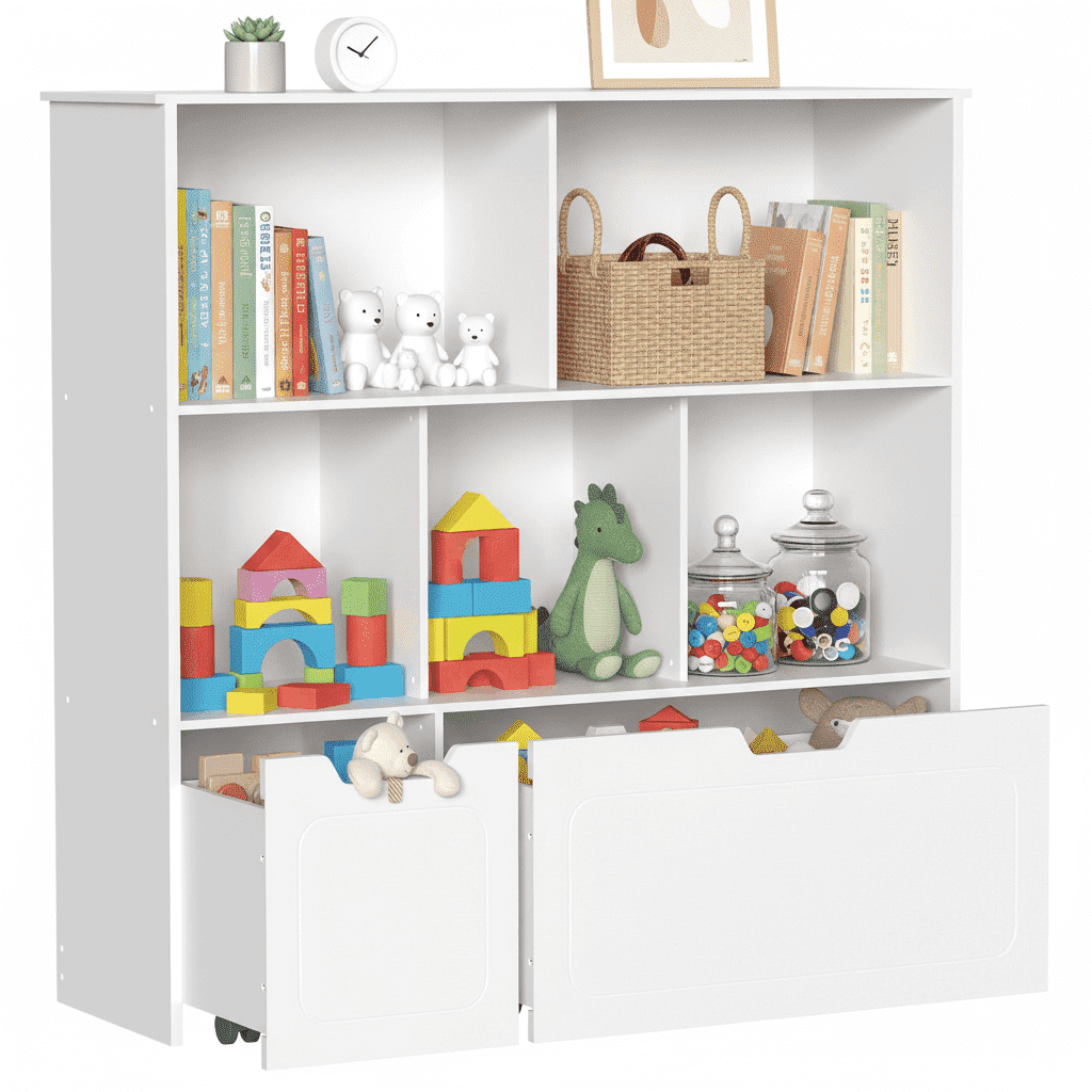 BRINJOY 3-Shelf Kids Bookcase Storage Organizer with 2 Movable Drawers ...