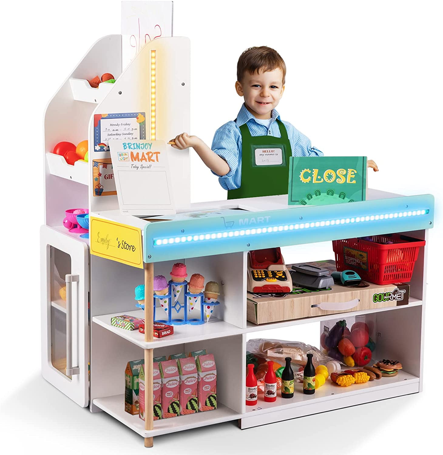 BRINJOY Kids Pretend Play Grocery Store with LED Lights, Acrylic Sheet, Accessories Set ...