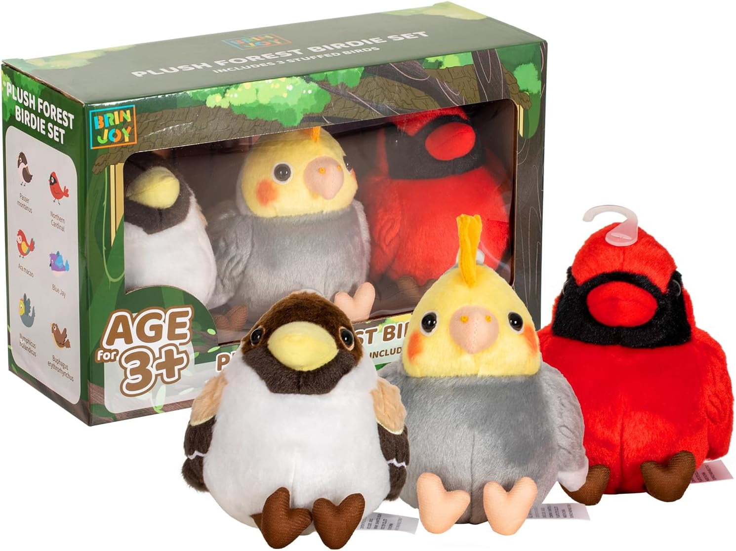 BRINJOY Plush Bird Stuffed Animal Set, 3 Pcs Birds Plush Toy w/Hooks, 5 ...