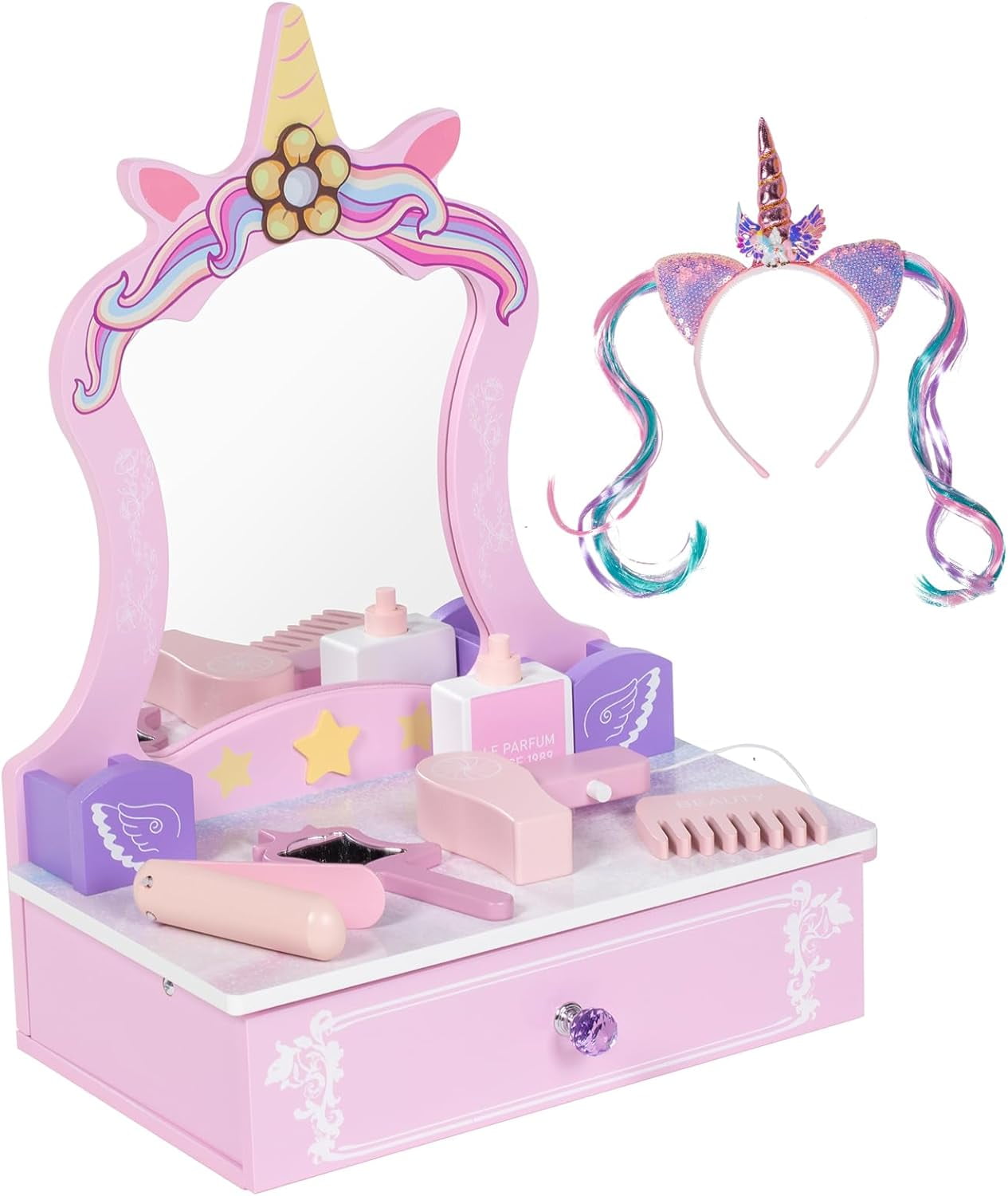 BRINJOY Wooden Vanity Set for Kids, Toddler Tabletop Beauty Salon Play ...