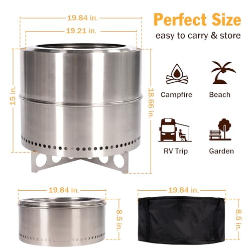 BRIOPAWS Large Smokeless-fire-pit Outdoor | 19 IN | 304 Stainless-Steel ...