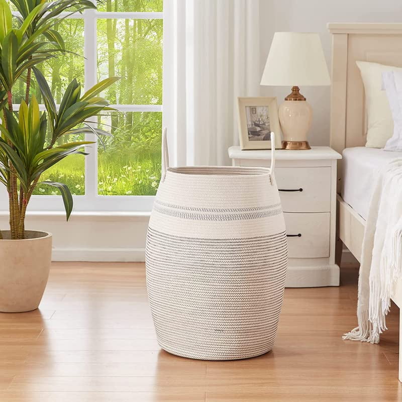 BRISHTl Extra Large Woven Laundry Hamper Basket With Heavy Duty Cotton ...