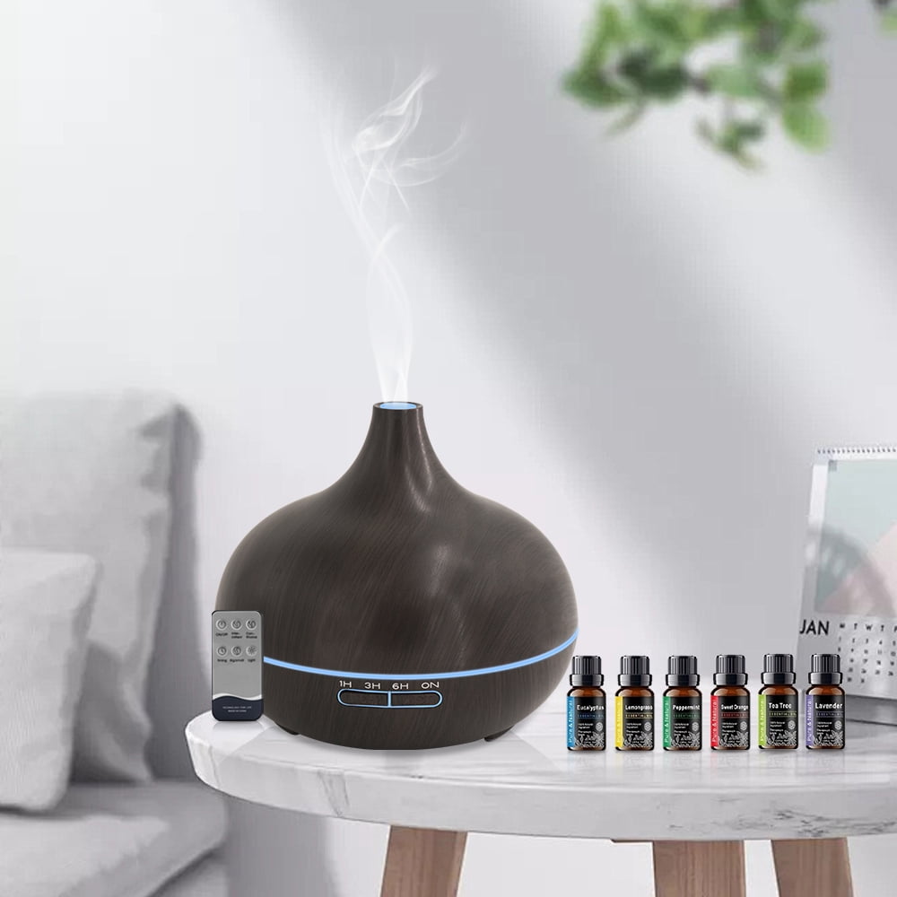 BRJSQ 550ml Essential Oil Diffuser & Humidifier Wood Grain Design Remote Control 7 Color LED & 6 ...