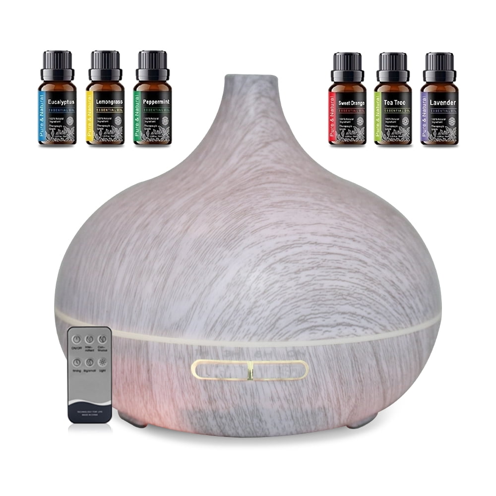 BRJSQ 550ml Wood Grain Essential Oil Diffuser with Remote 6 Oils Auto Shut Off Quiet for Home ...
