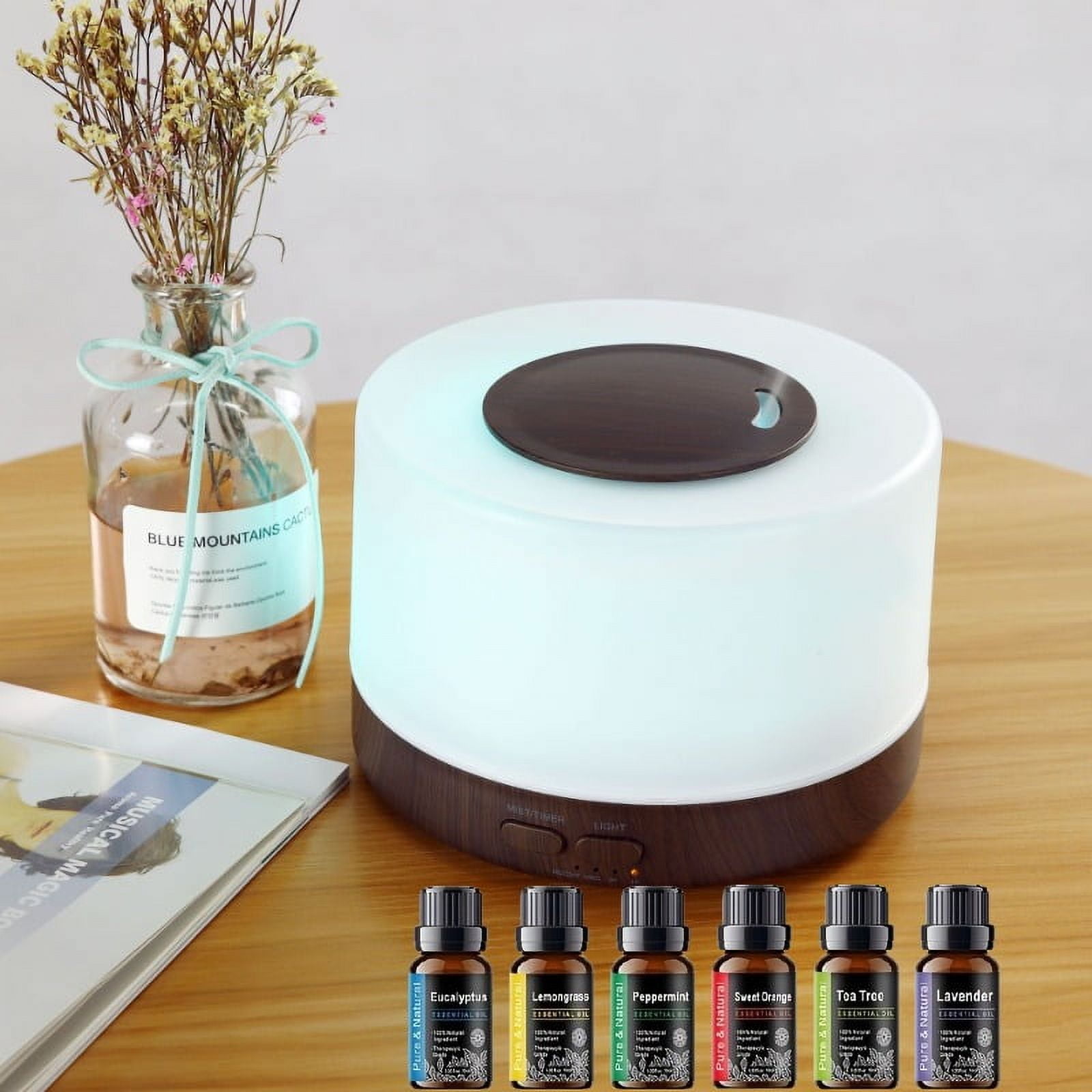 BRJSQ Luxury Wood Pattern Aromatherapy Diffuser - 500ml 7-Color LED Humidifier w/ Remote & 6 ...