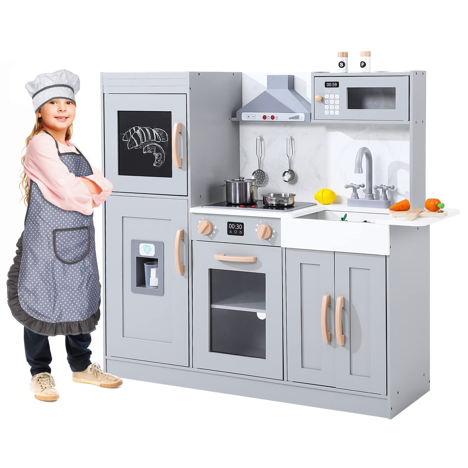 BROADFASHION Kids Kitchen Playset, Wooden Chef Pretend Play Set with 20 ...