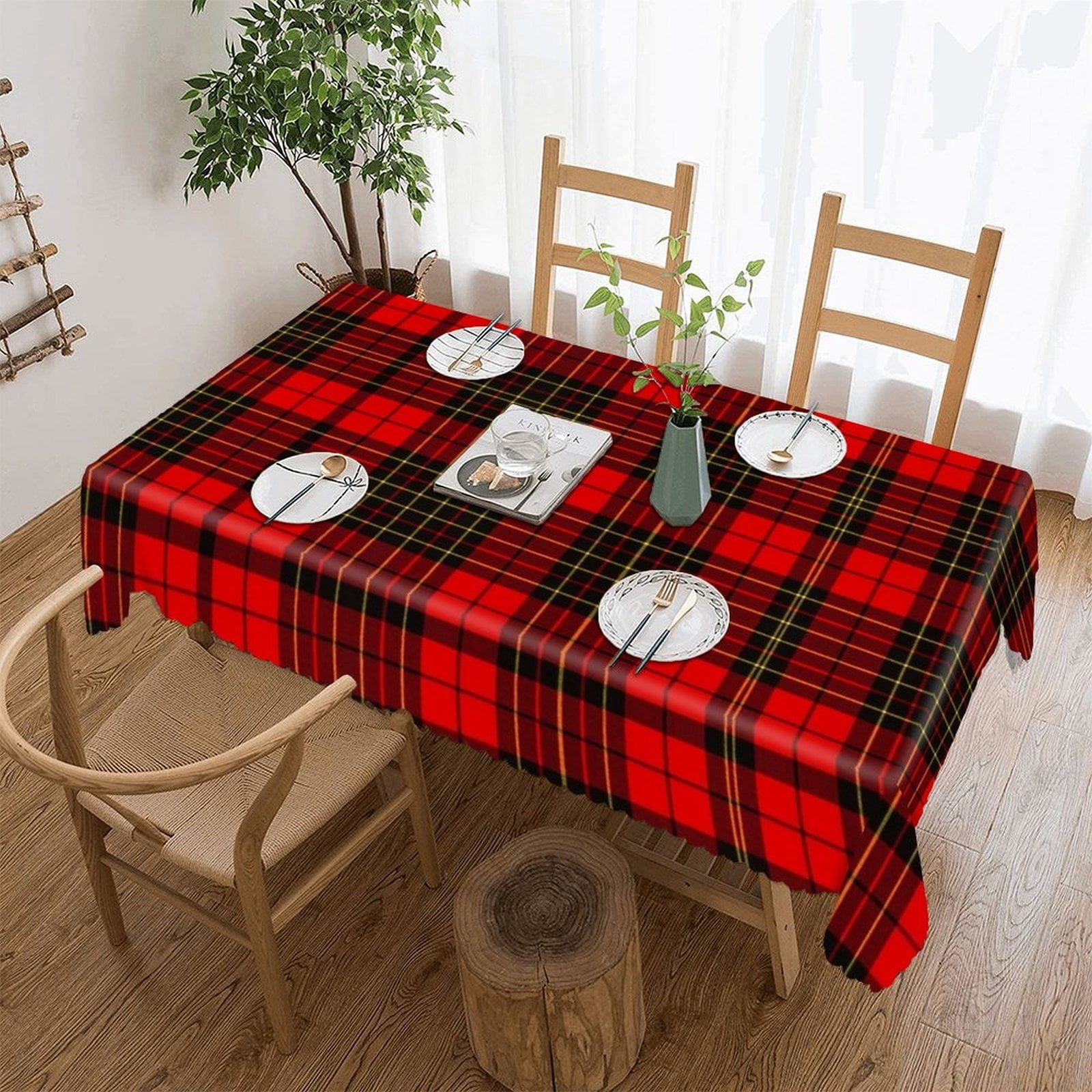 BRODIE RED MODERN PLAID Rectangular Tablecloth 60"x86" with Lace Edge ...