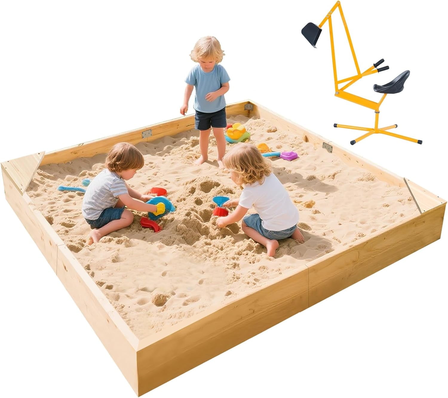 BRONKIGE Wooden Sandbox & Excavator Set, 71"x71"x8" Large Sandbox w ...