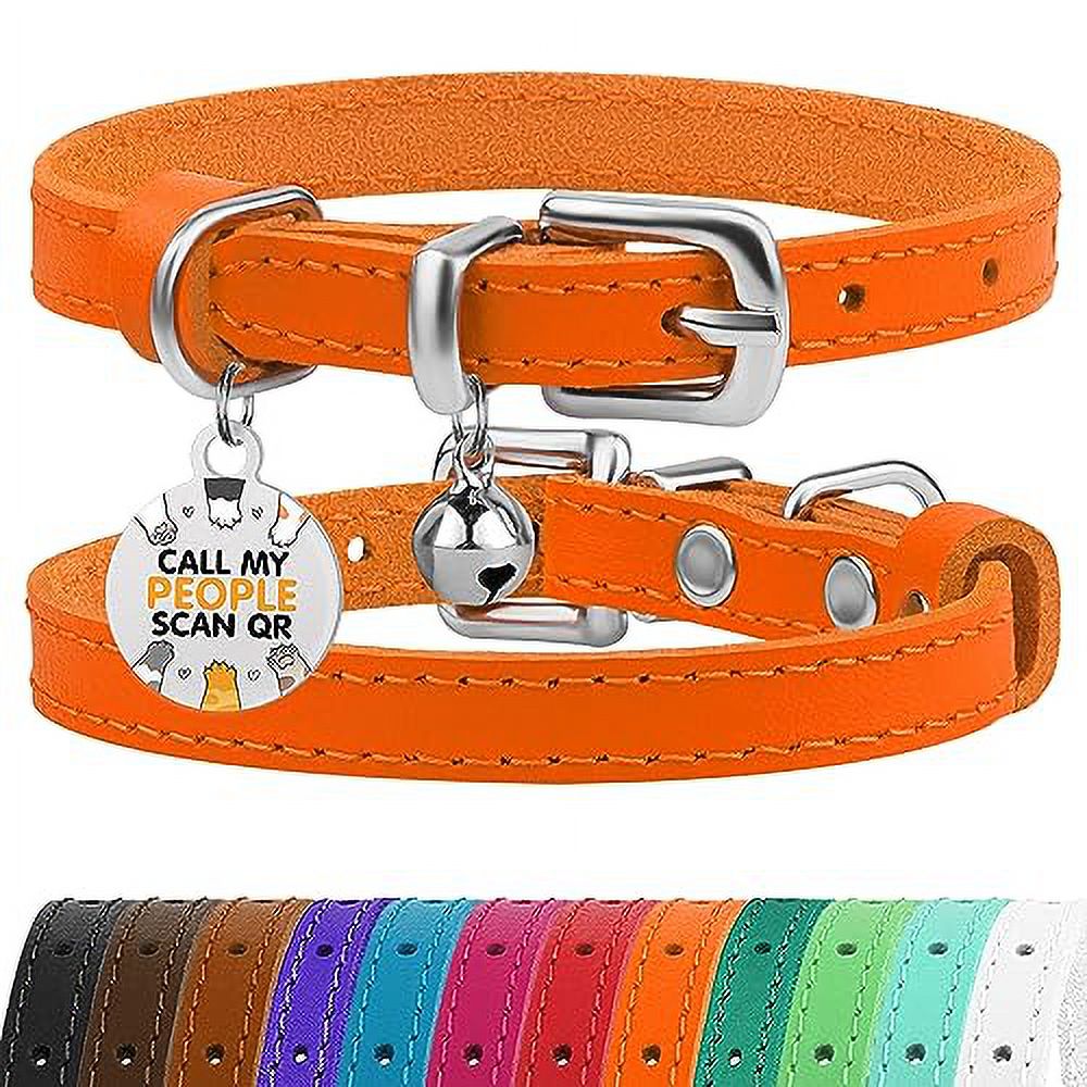 BRONZEDOG Leather Cat Collar with Bell Non Breakaway Kitten QR Tag for ...