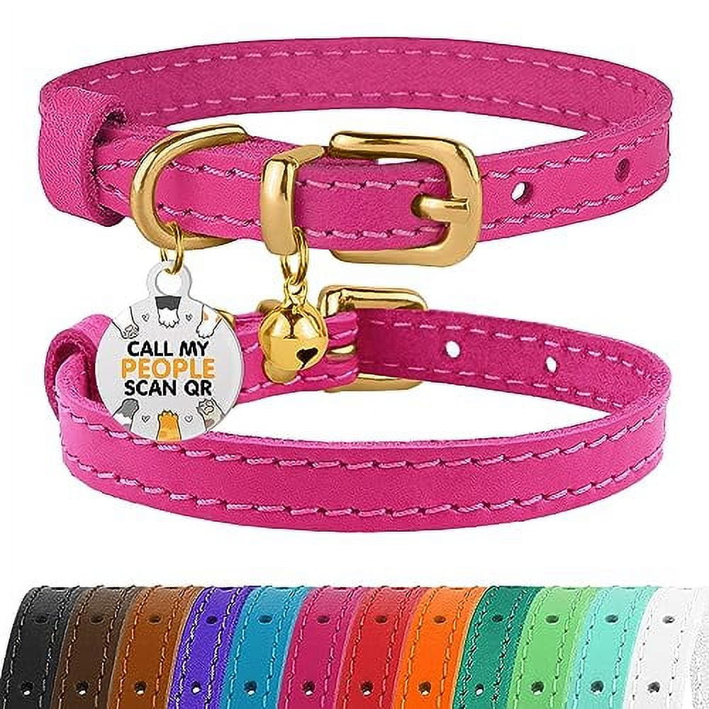 BRONZEDOG Leather Cat Collar with Bell Non Breakaway Kitten QR Tag for ...
