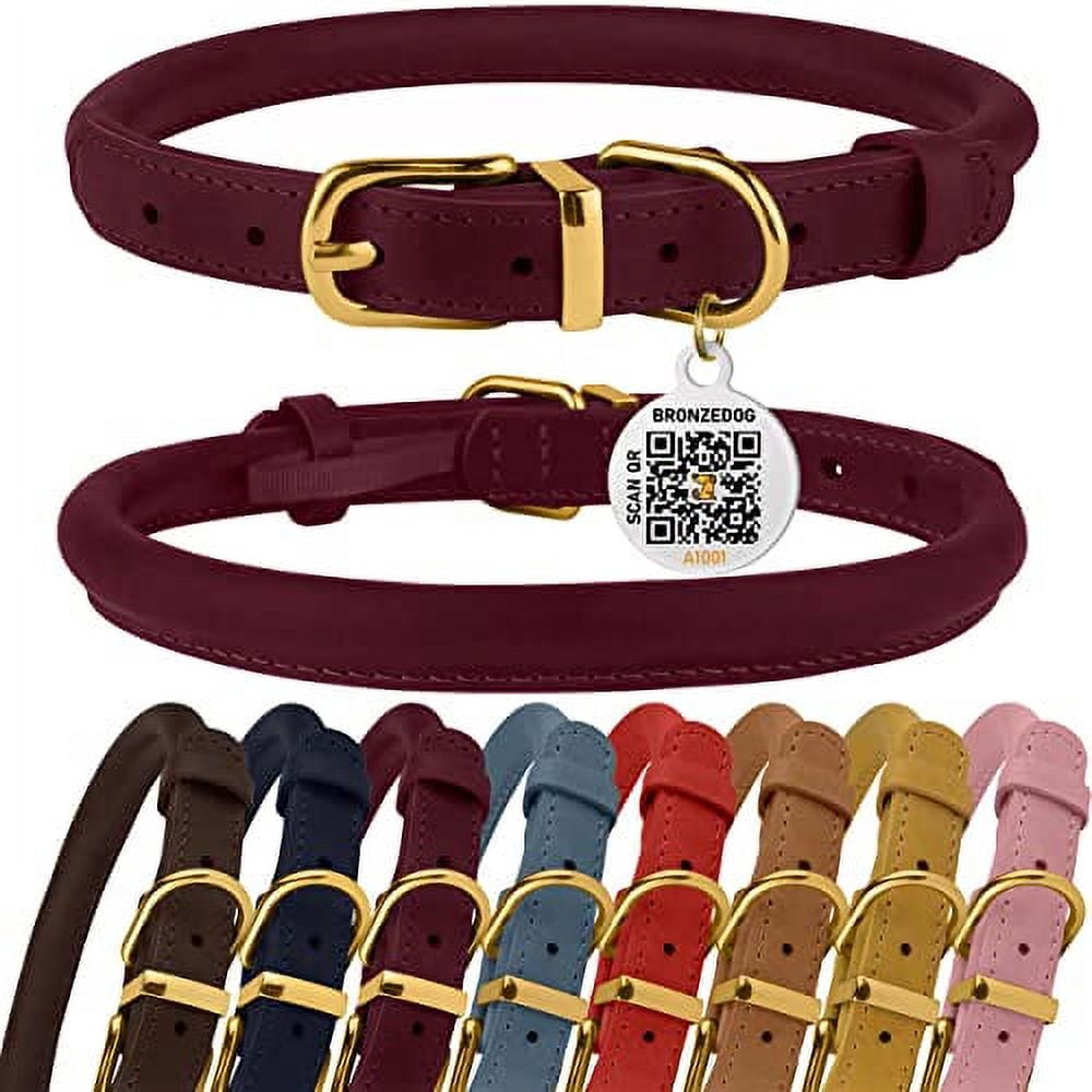 BRONZEDOG Rolled Leather Dog Collar with QR ID Tag Adjustable Soft ...