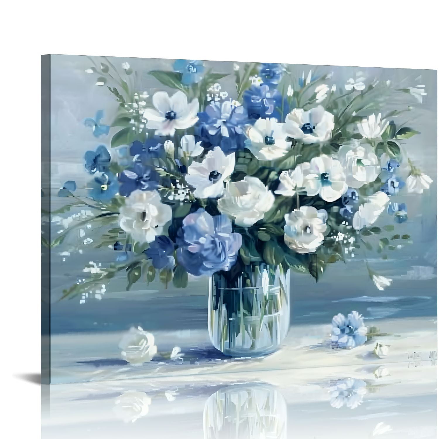 BROOKMAPLES 16x12 Inch Blue White Floral Canvas Wall Art, Elegant Flower Vase Painting, Home ...