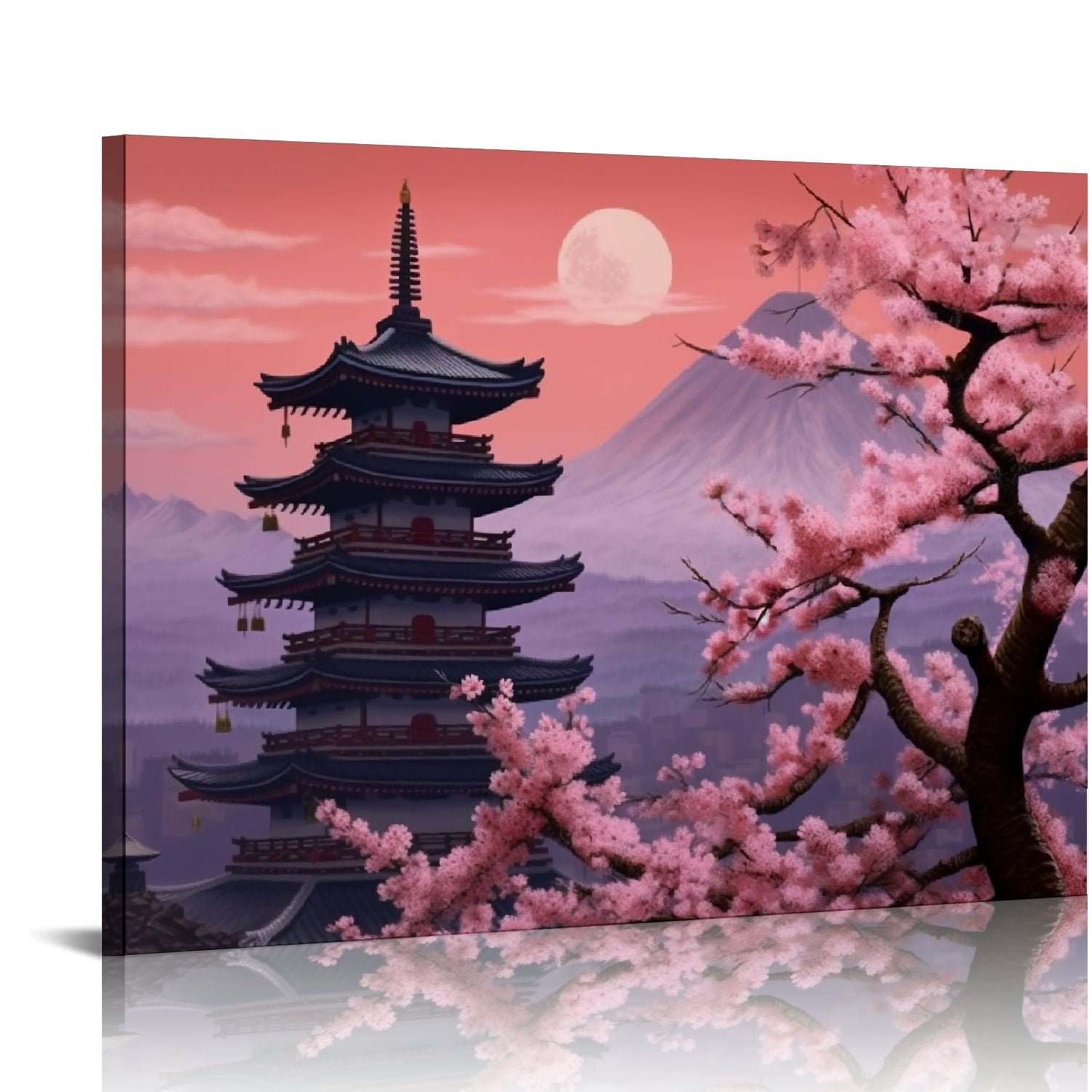 BROOKMAPLES 16x12 Inch Sakura Canvas Wall Art, Japanese Pagoda & Mount ...