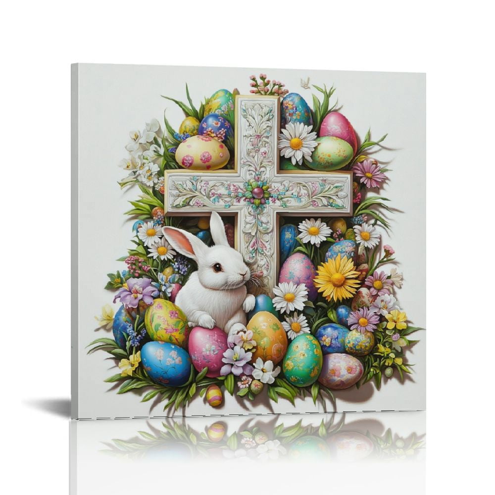 BROOKMAPLES Easter Bunny with Floral Cross & Eggs Canvas Print, 12x12 ...