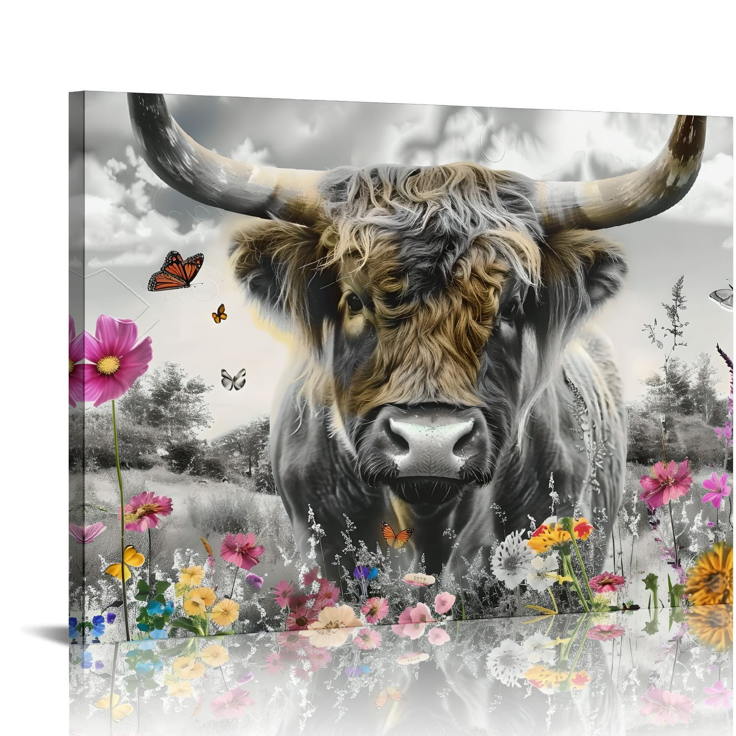 BROOKMAPLES Highland Cow with Wildflowers Canvas, 16x12 Inch, Rustic ...