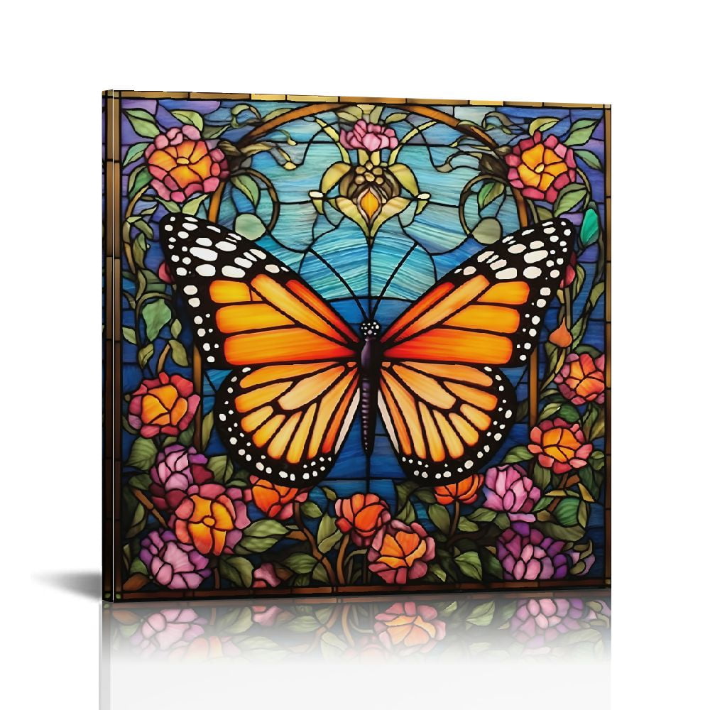 BROOKMAPLES Stained Glass Butterfly & Floral Canvas Print, 12x12 Inches ...