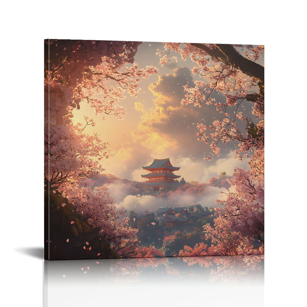 BROOKMAPLES Temple Sunset Blossom Canvas, 12x12, Serene Japanese ...