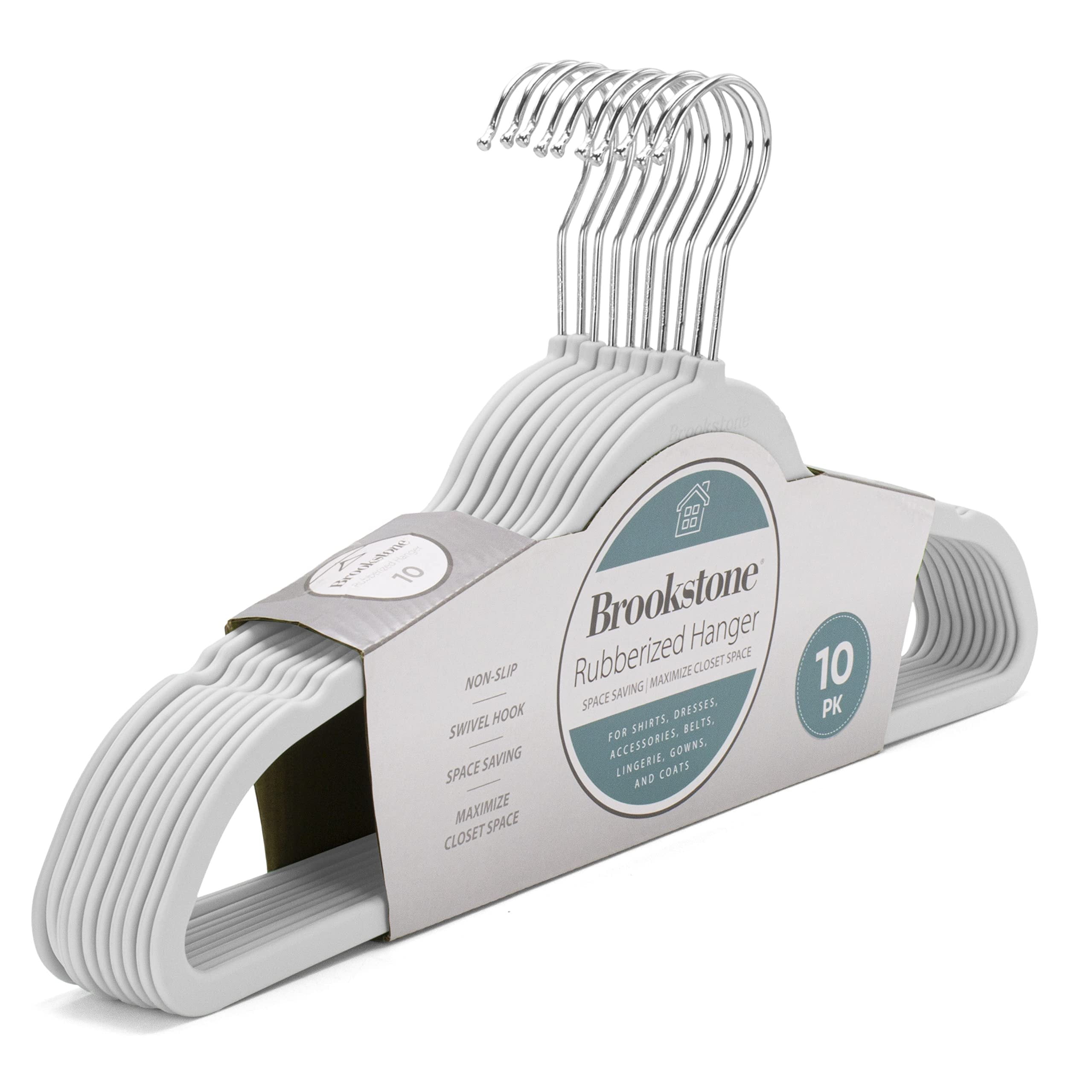 BROOKSTONE, 10 Pack [Non-Slip] High Grade Rubber Coated Plastic Hangers ...
