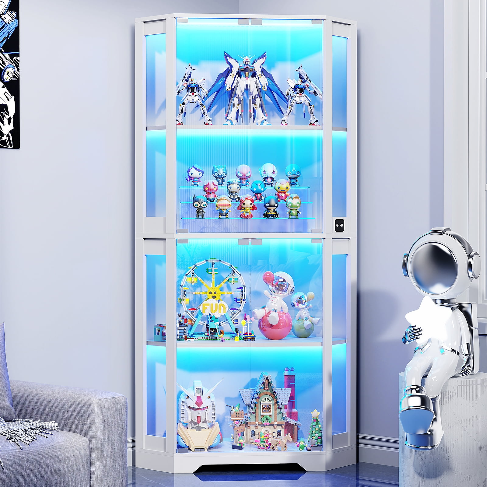 BROTTAR 65" Lighted Corner Display Cabinet with Glass Doors, 4-Tier ...