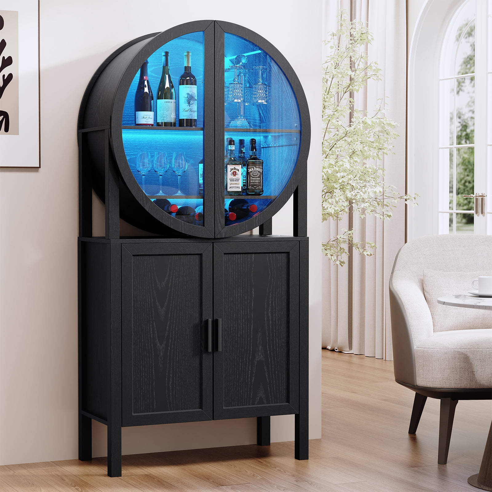 BROTTAR 65" Tall Rounded Wine Bar Cabinet with LED Lights, Storage ...