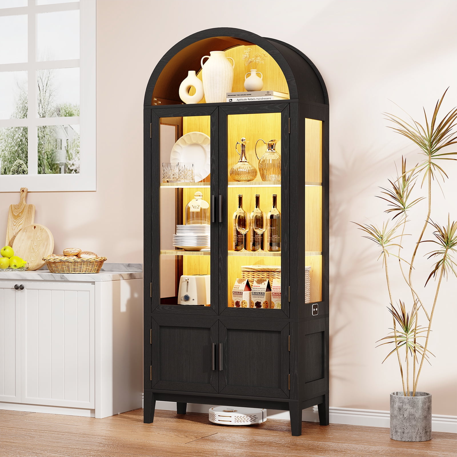 BROTTAR 71" Tall Arched Display Cabinet with Glass Doors, Kitchen ...