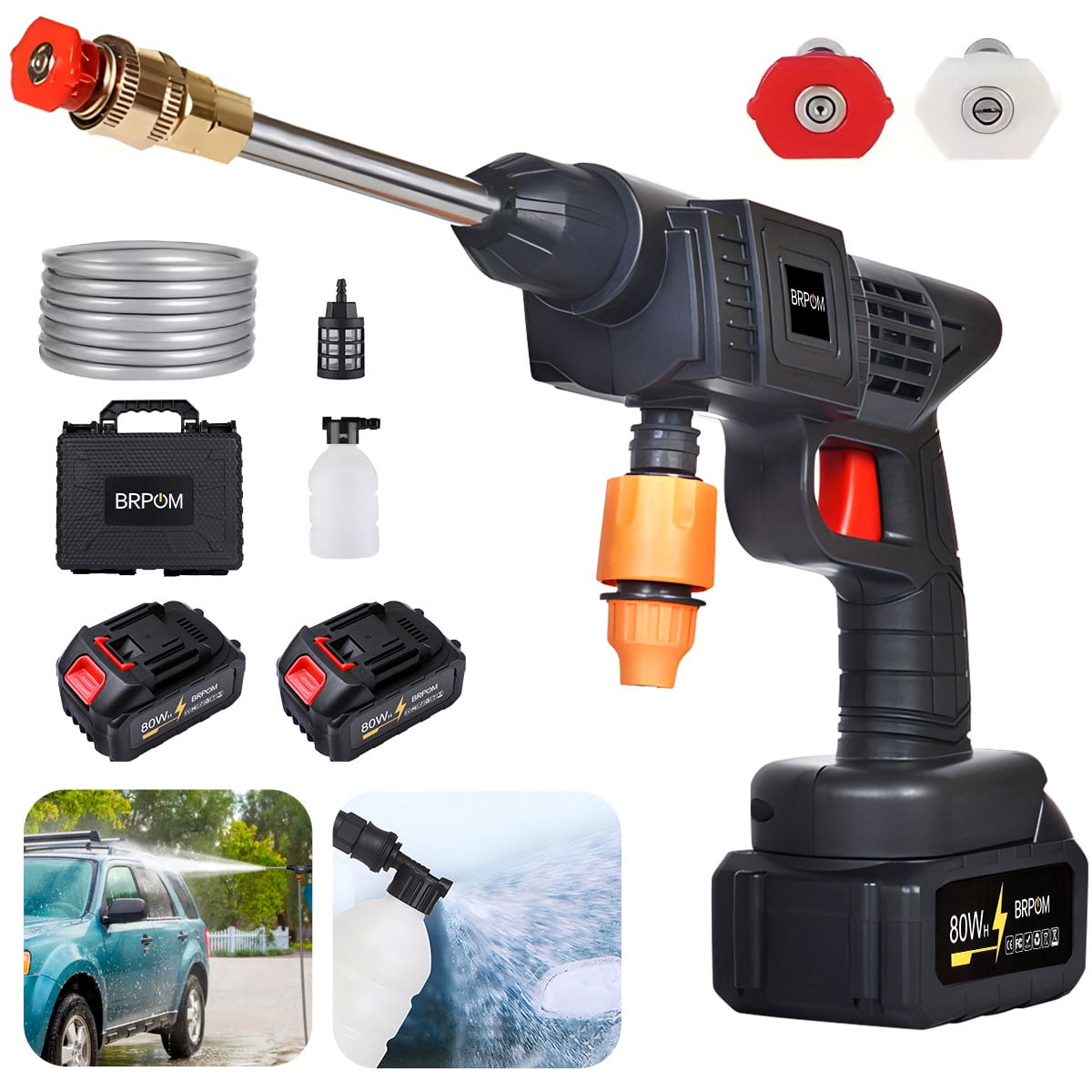 BRPOM 21V Pressure Washer Cordless with 3-in-1 Nozzles, 2 x Batteries ...