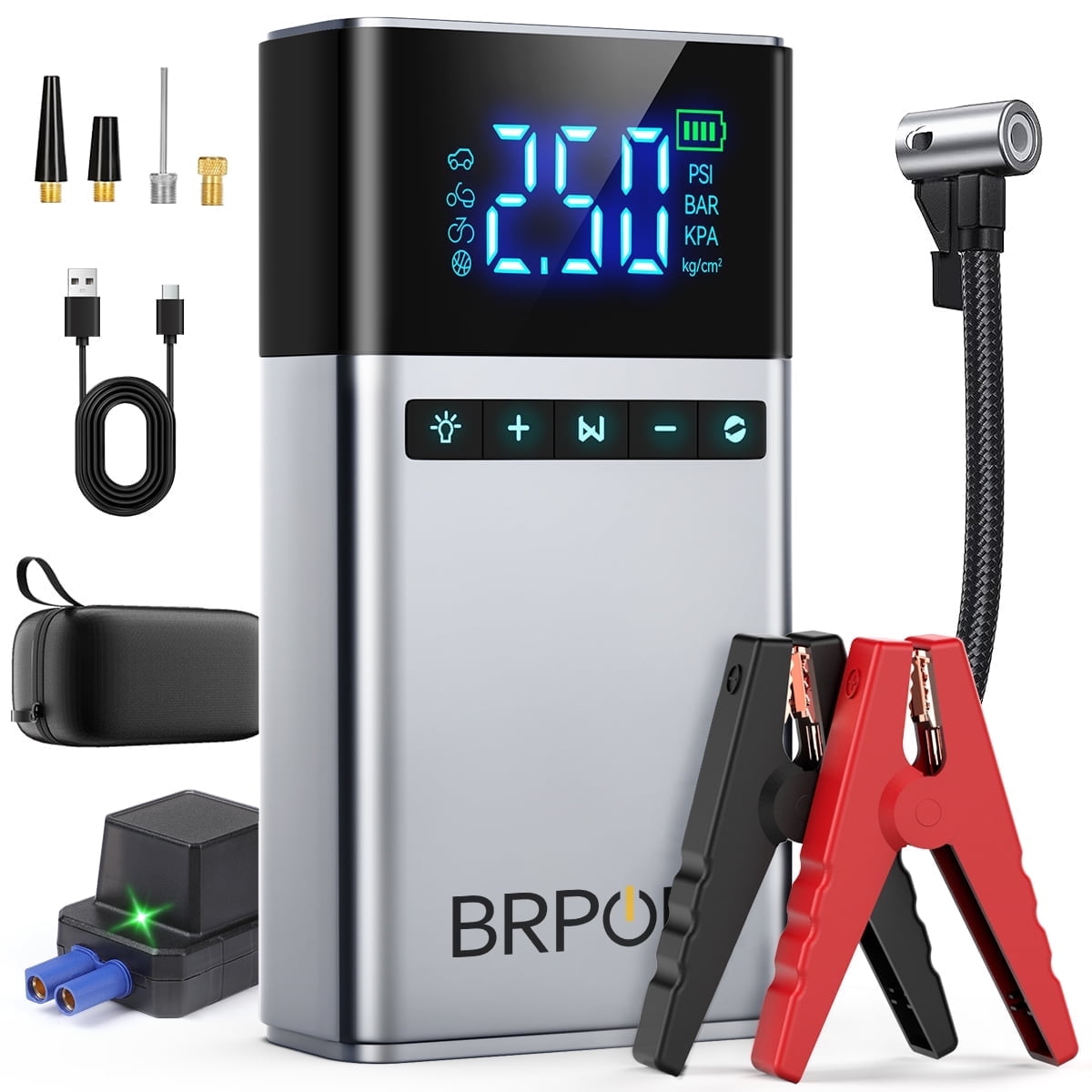 BRPOM Portable Car Jump Starter with Air Compressor, 12V Battery Pack ...