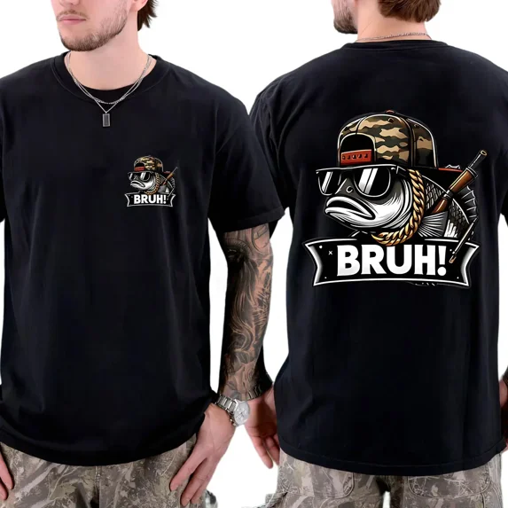 BRUH Bass Fish Graphic T-Shirt – Cool Fishing Streetwear Tee with Camo ...