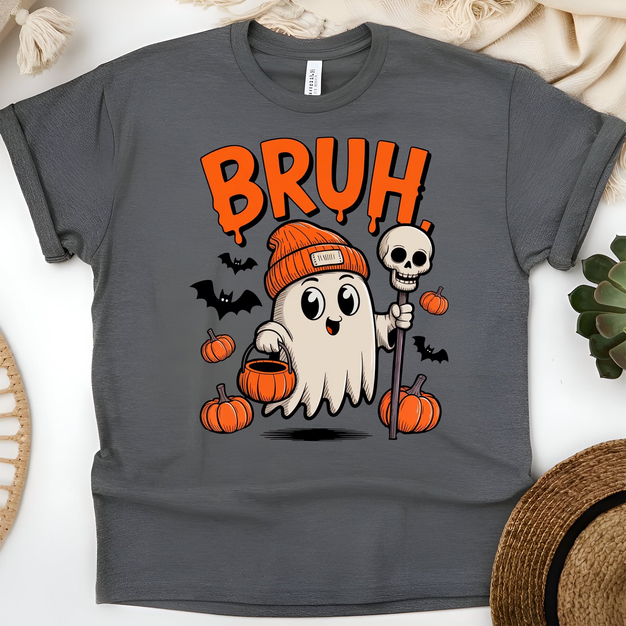 BRUH Ghost Halloween Shirt | Funny Spooky Pumpkin Skull Graphic Tee ...