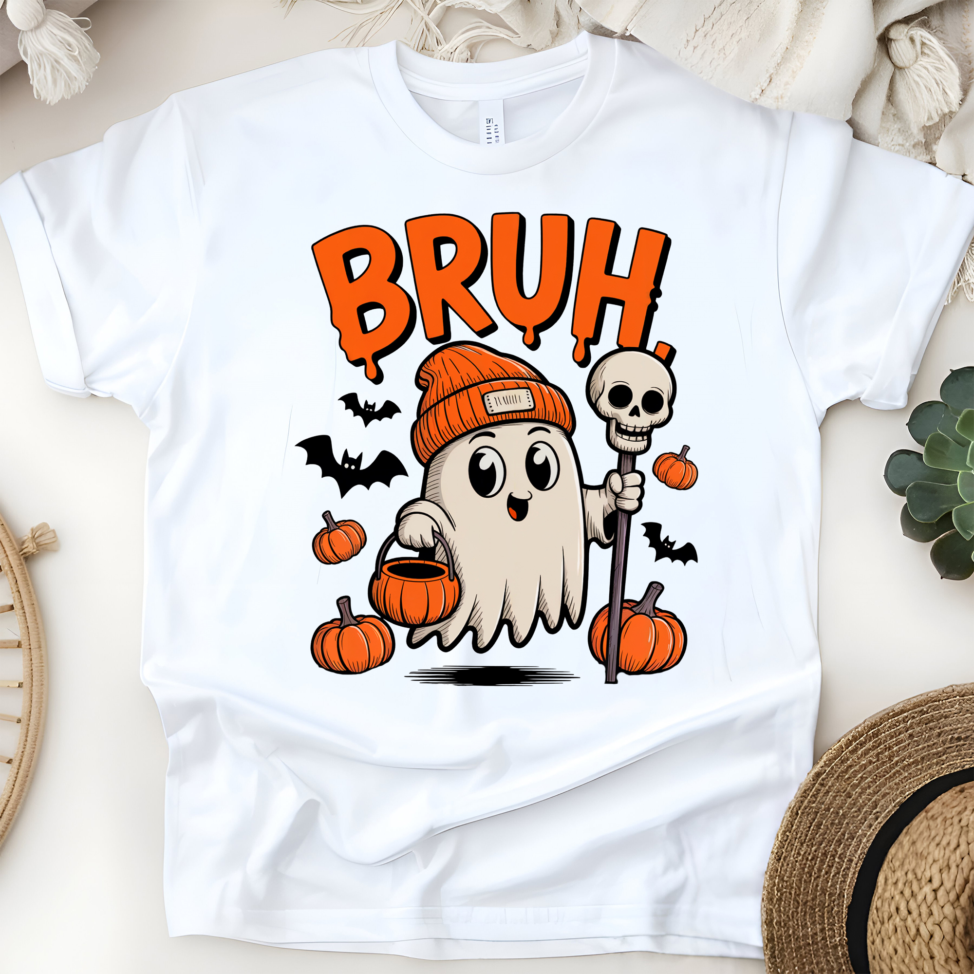 BRUH Ghost Halloween Shirt | Funny Spooky Pumpkin Skull Graphic Tee ...