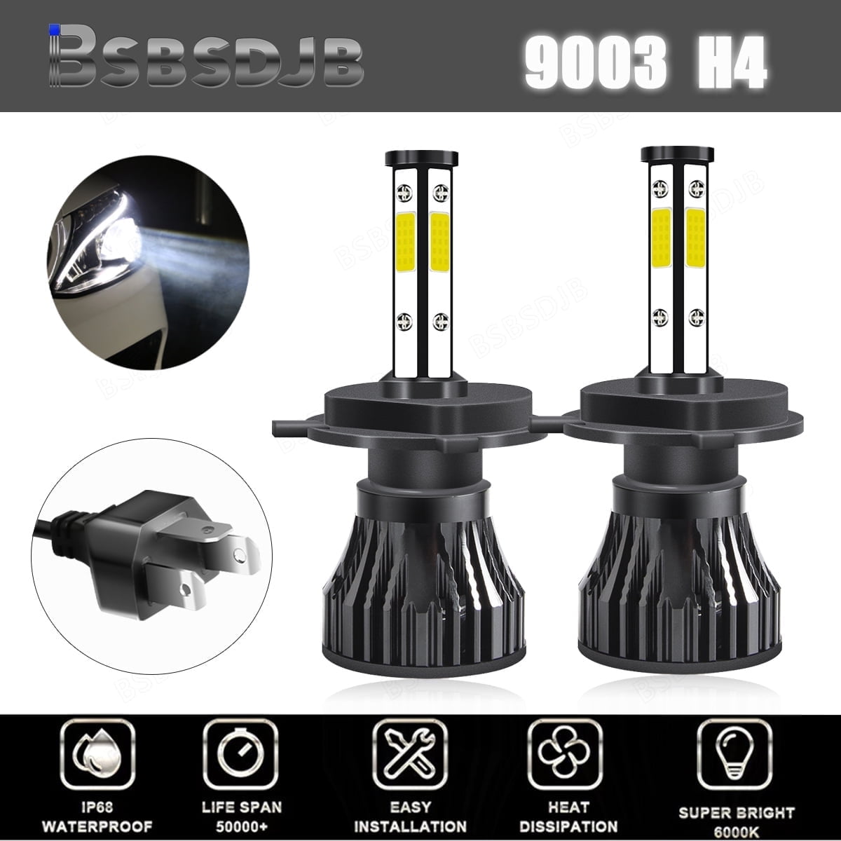 BSBSDJB 4-Sides 9003 H4 LED 6000K White Automotive Bulb Kit High/Low ...