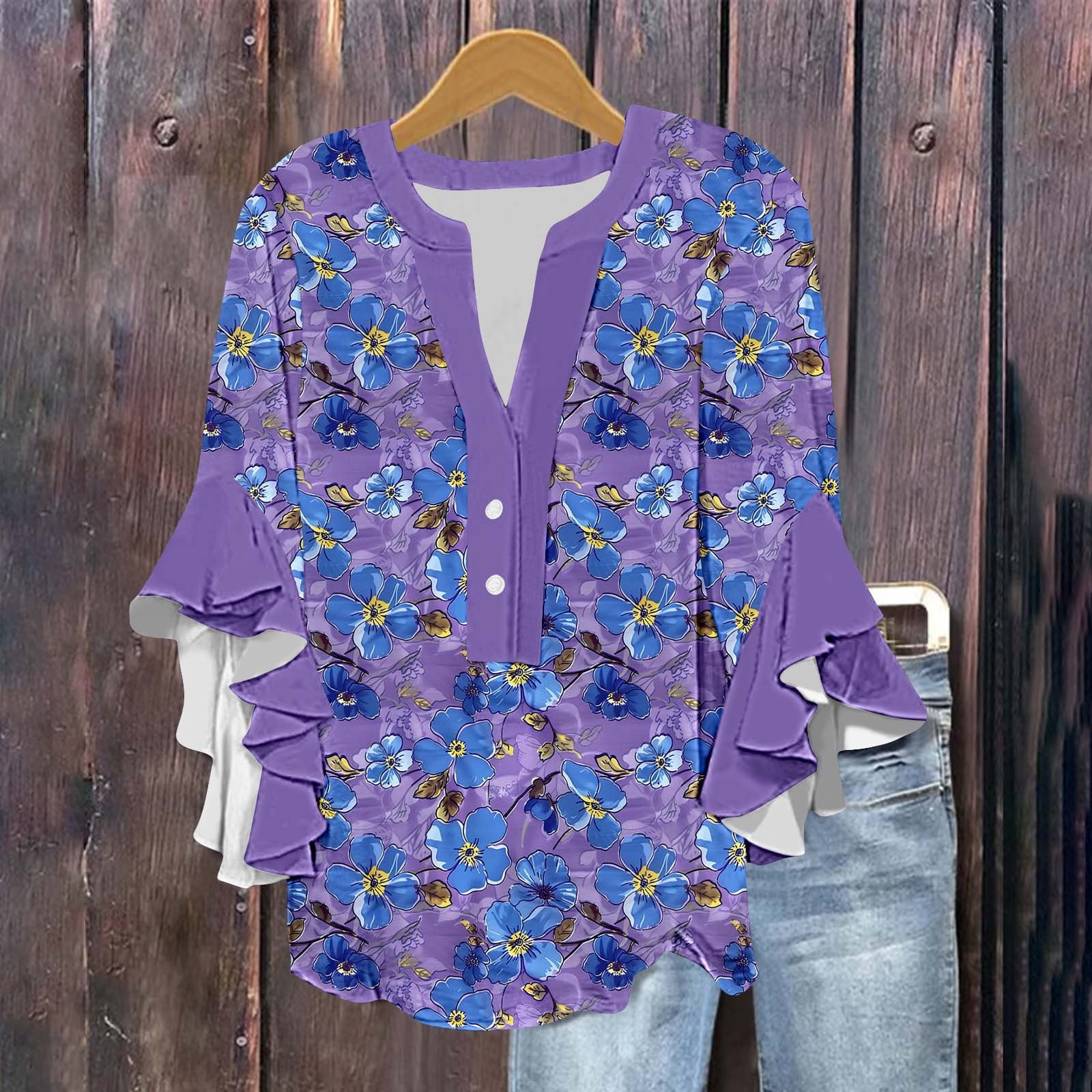 BSDJILFG 3/4 Sleeve Womens Ruffle Blouses Clearance,Summer Vintage Floral Peasant Tops with ...