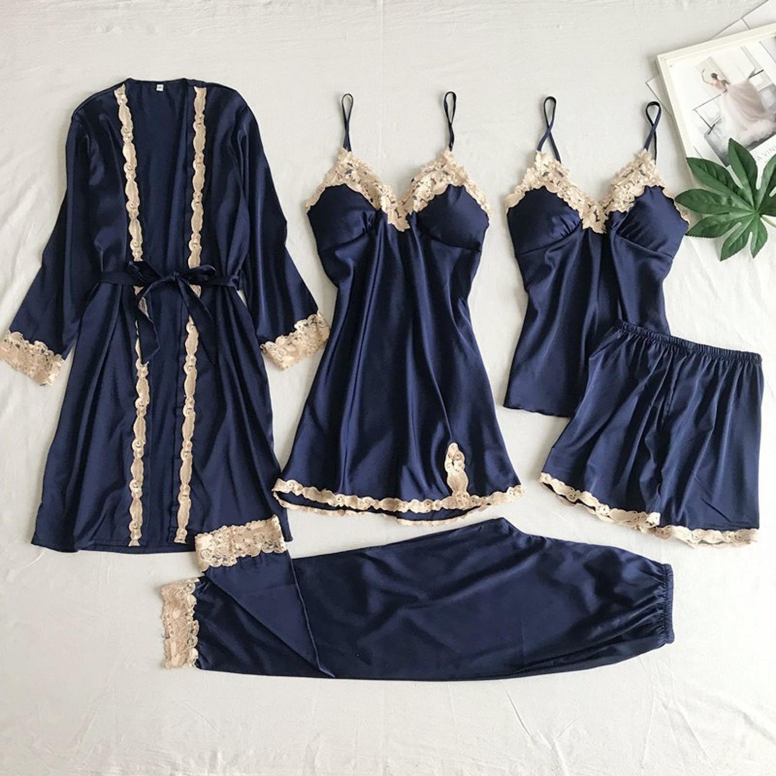 BSDJILFG 5 Piece Pajama Sets for Women,Satin Silky Chemise Nightgowns ...