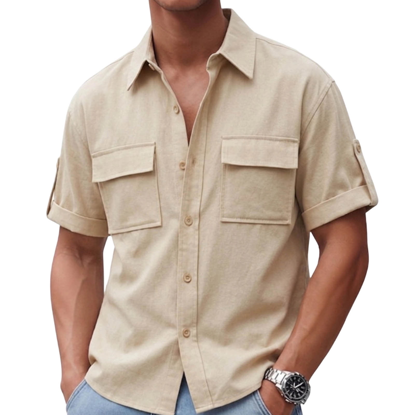 BSDJILFG Big and Tall Mens Dress Shirts with Multi-Pockets,Buttons Down ...