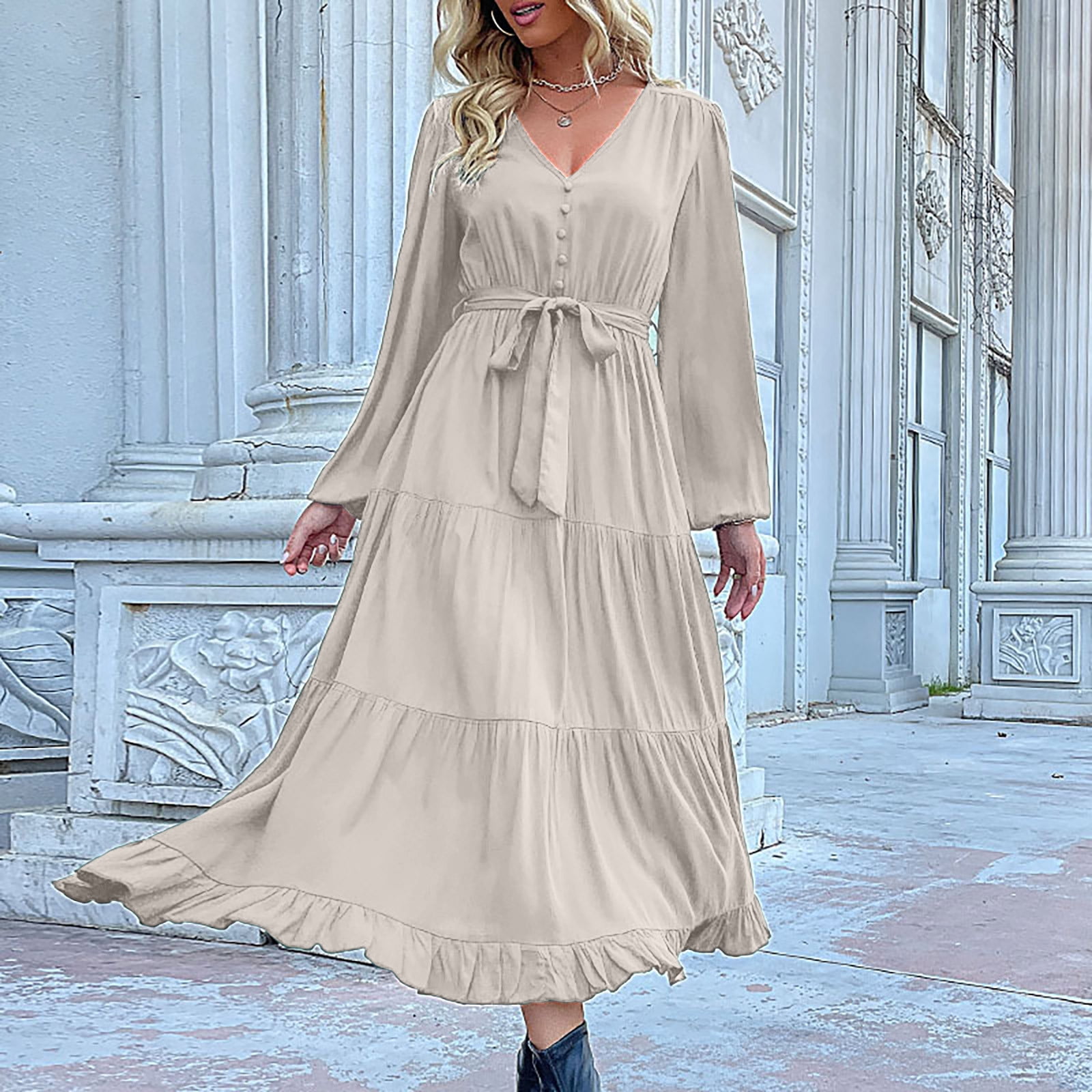 BSDJILFG Boho Maxi Dress for Women Long Sleeve High Waisted Ruched ...