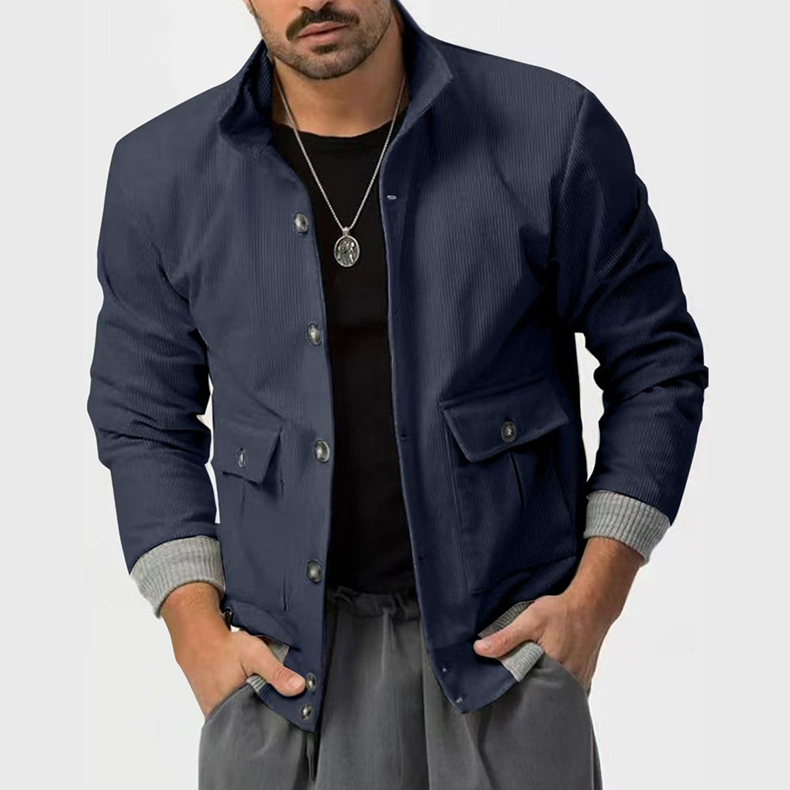 BSDJILFG Bomber Jacket for Men Zip-Up Corduroy Motorcycle Jacket ...