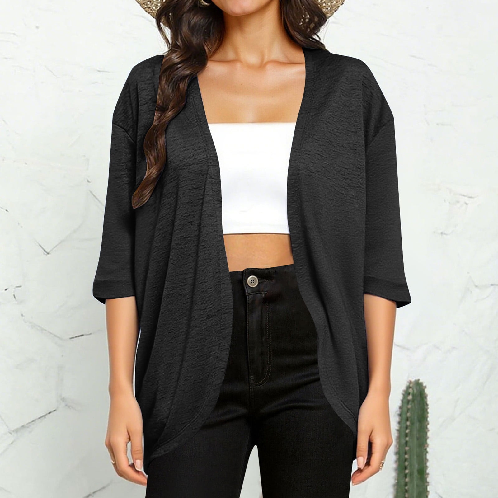 BSDJILFG Cardigans for Women Quarter Sleeve Loose Fit Shirt Ruffle Hem ...