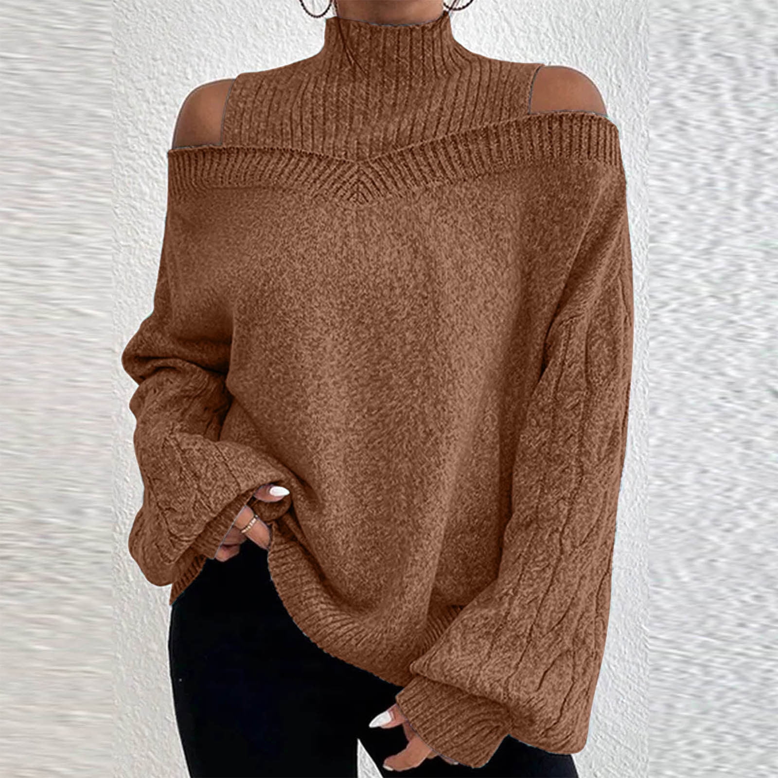 BSDJILFG Cold Shoulder Sweaters for Women Bell Sleeve Knitting Cotton ...