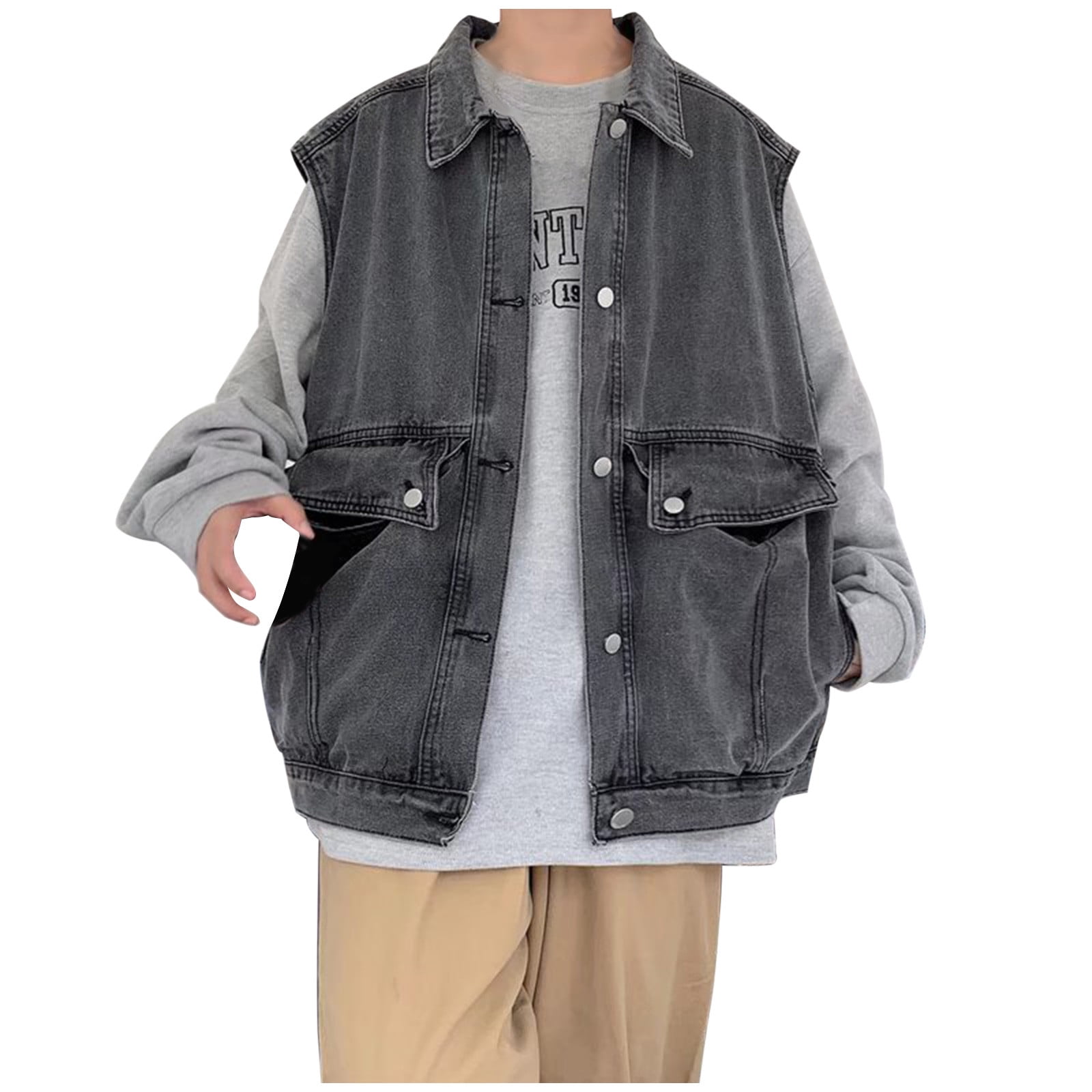 BSDJILFG Denim Jacket Vests for Men Sleeveless Vests Raglan Shoulder ...