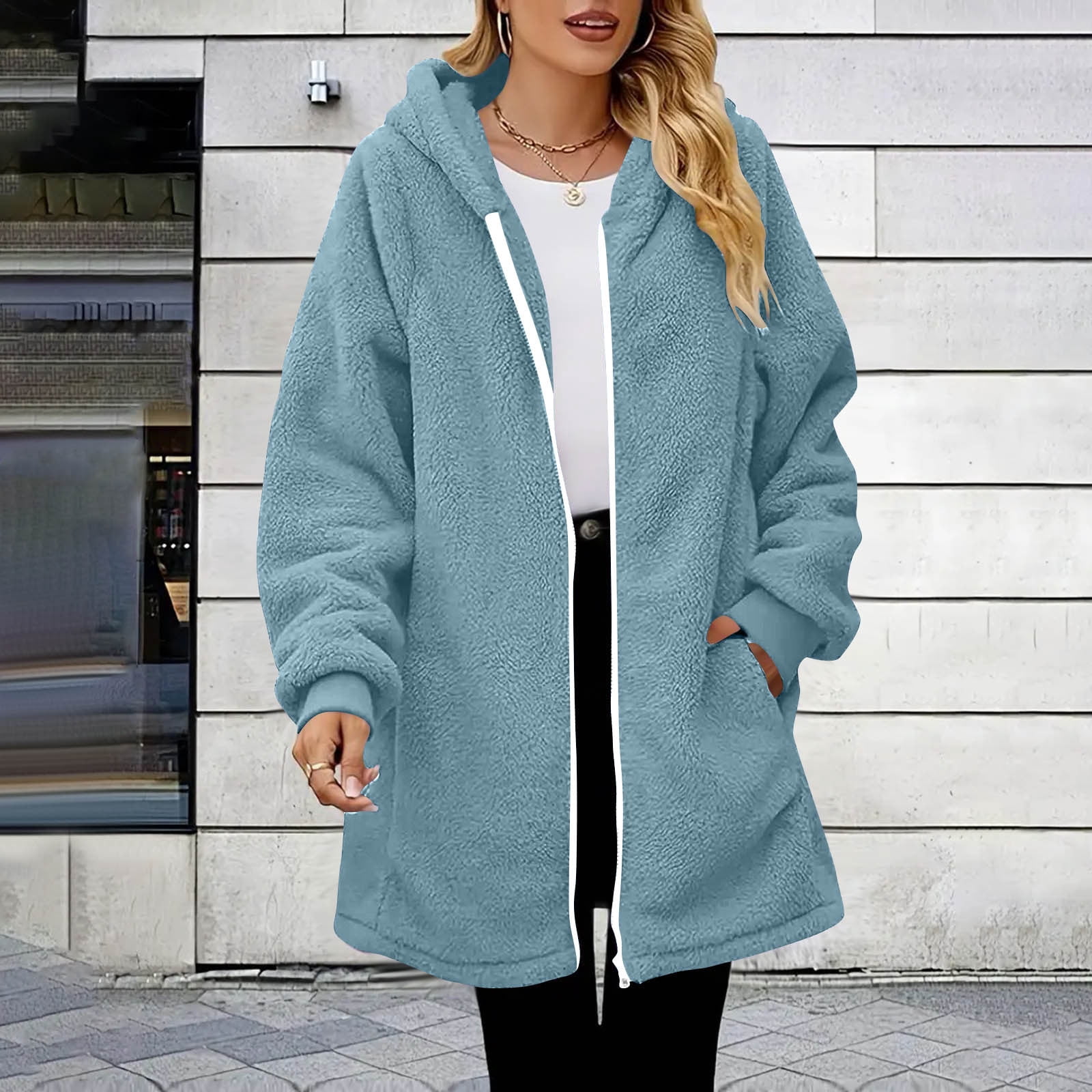 BSDJILFG Flannel Jackets for Women Long Hoodie Casual Full Zip Up Knee ...